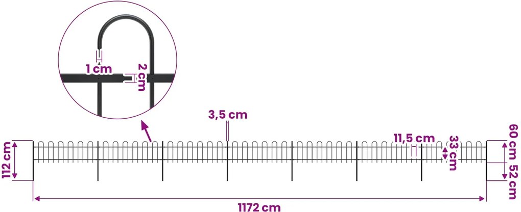 Zahradní plot s obloukem nahoře ocelový 1172 x 60 cm černý 277644