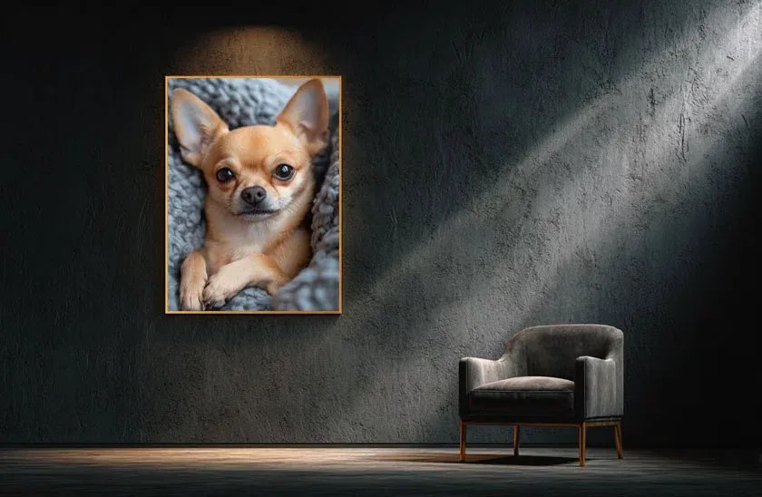Mazlivý společník - obraz - Roztomilá čivava v hebkém pelíšku 17 - 70 x 100 cm - 1 149 Kč