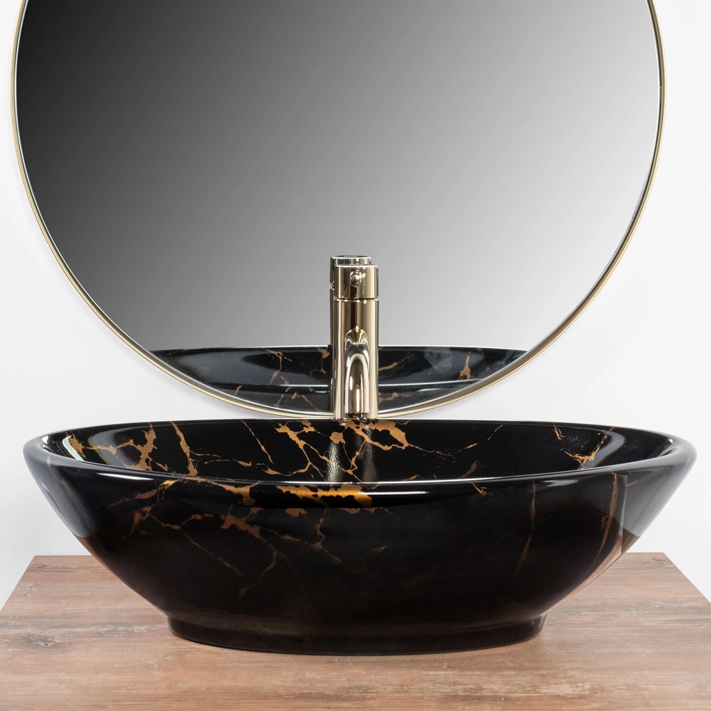 Rea Pamela Black Marble Shiny, umyvadlo na desku 530x330x150 mm, černá lesklá-vzor black marble, REA-U5067
