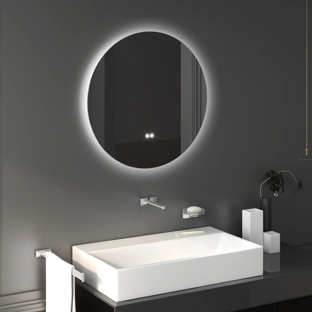 Kleankin kulaté LED nástěnné zrcátko, dotykový spínač, měnící barvu 3000K-6500K, proti mlze, ø 70 cm, bílá/stříbrná