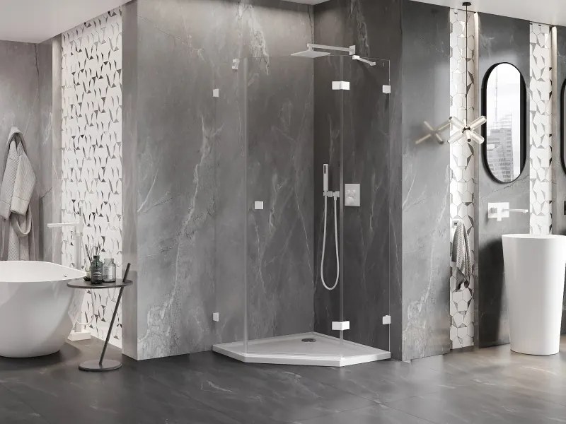Mexen Lunar, pravý výklopný pětiúhelníkový sprchový kout 90 x 90 cm, 8mm čiré sklo, bílý profil, 831-090P-090L-20-00-P