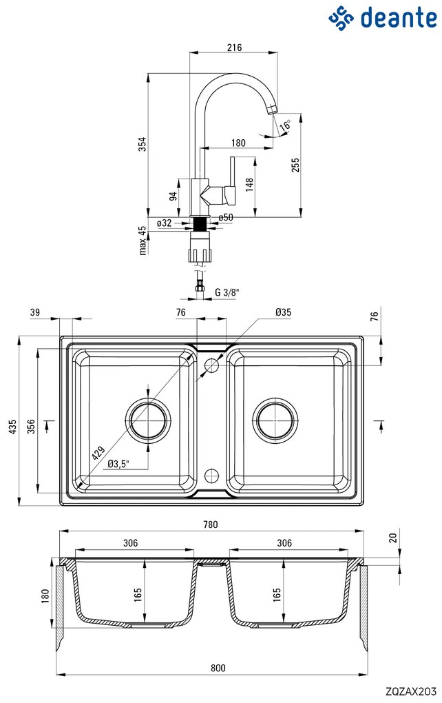 Deante Dřez Zorba s dřezovou baterií,  2 komory, granit -  pískový