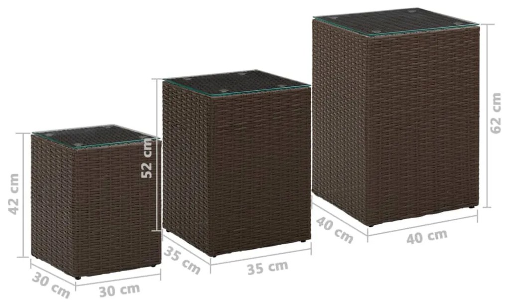 vidaXL Marketos Odkládací stolky 3 ks se skleněnou deskou hnědé polyratan