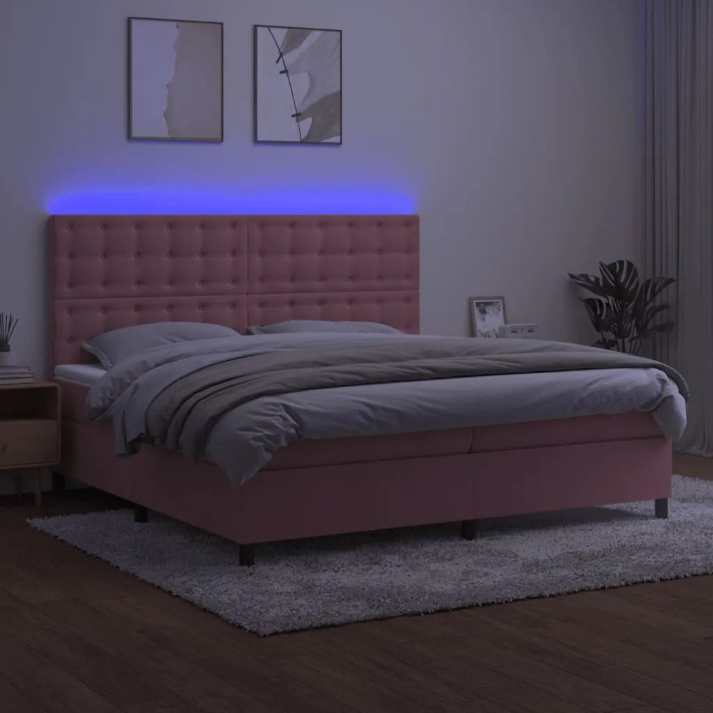 Box spring postel s matrací a LED růžová 200x200 cm samet 3136388