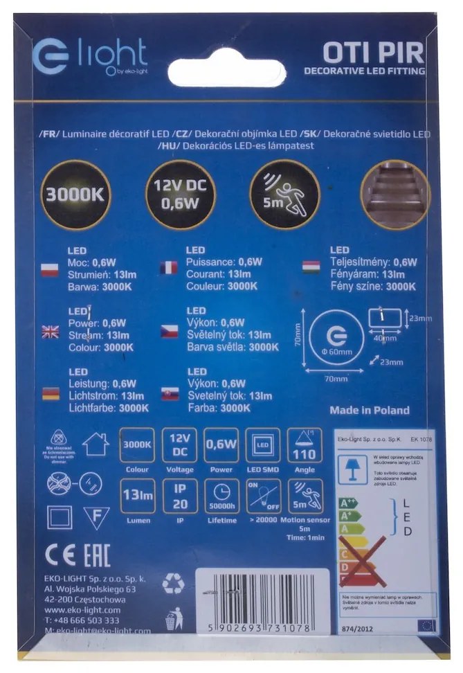 Schodišťové LED svítidlo Oti, 1x LED 0,6w, 3000k, s, pohybový senzor