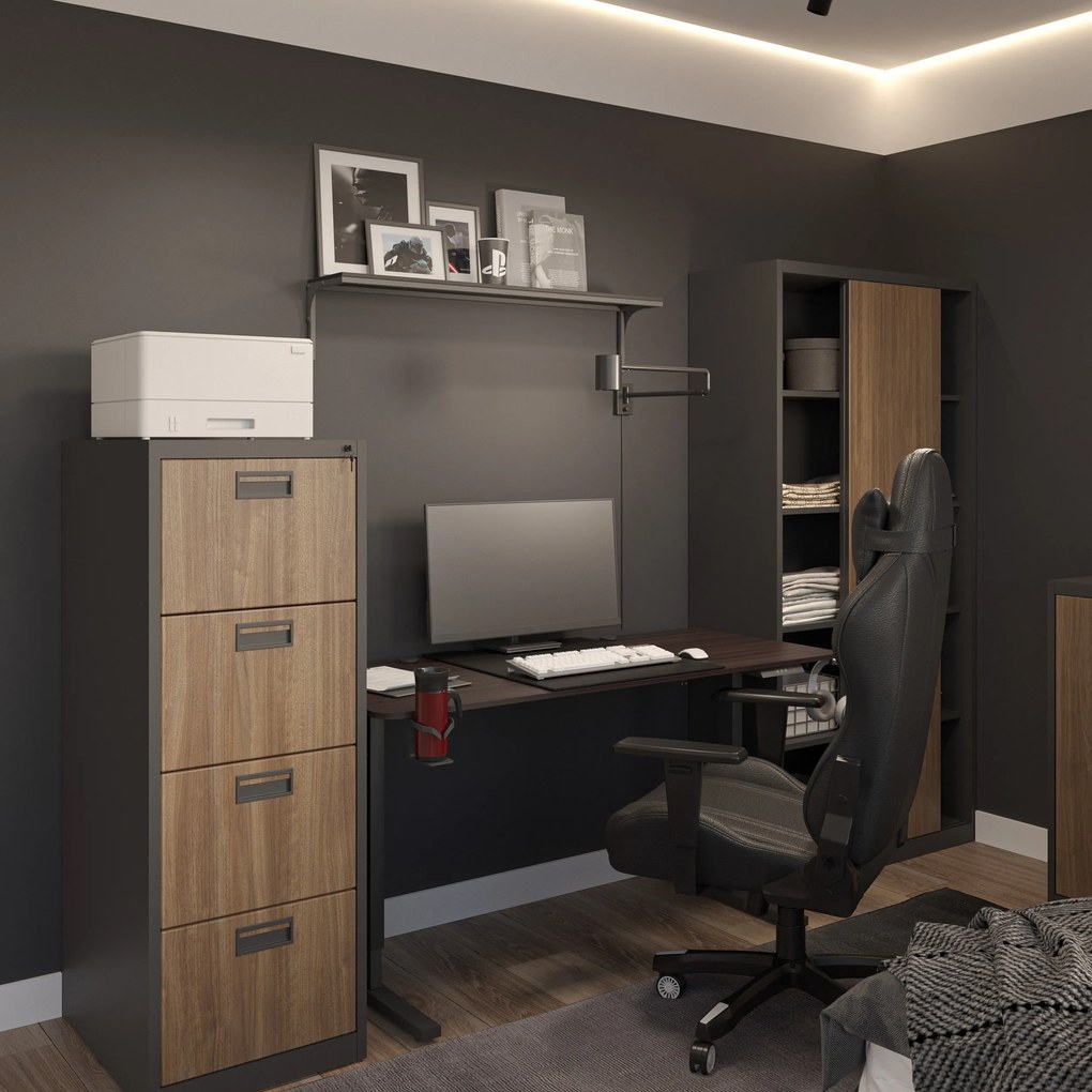 Kovová kancelářská skříň s posuvnými dveřmi, antracit/ořech, 900x1850x400 mm: KUBA Eco Design