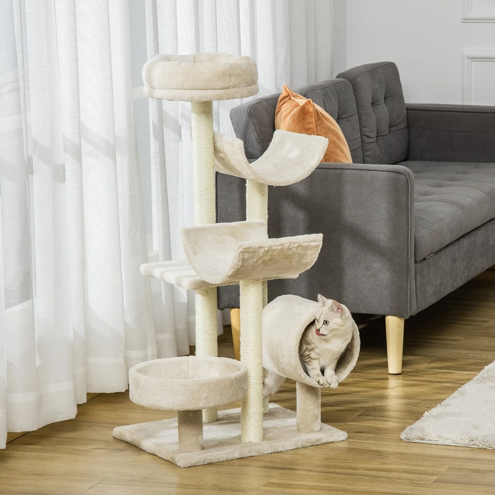 PawHut Kočičí strom, škrábací sloup, škrábací hračky, tunel, béžový L50 x Š40 x V105 cm