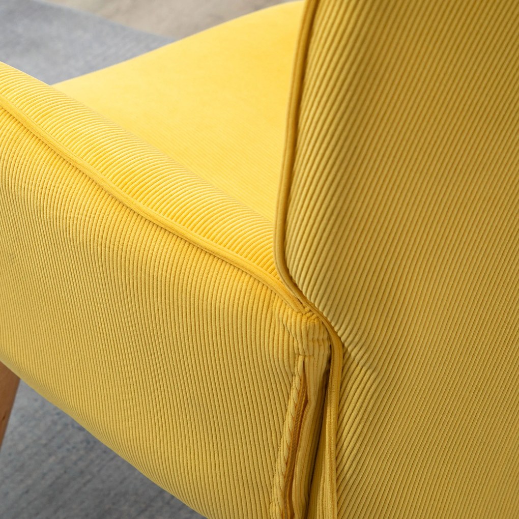 HOMCOM polohovatelné křeslo lounge wing chair s taburetem ve žluté barvě, křeslo s dřevěnými nohami, vzhled šňůry pro příjemné posezení