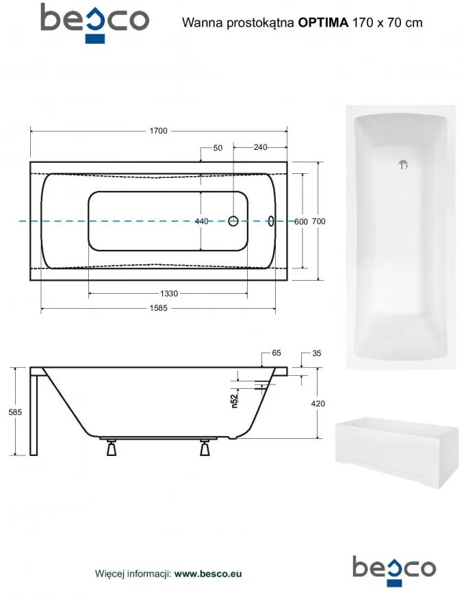 BESCO Obdélníková vana OPTIMA Nožičky k vaně - Bez nožiček, Rozměr vany - 170 × 70 cm VANOPT17