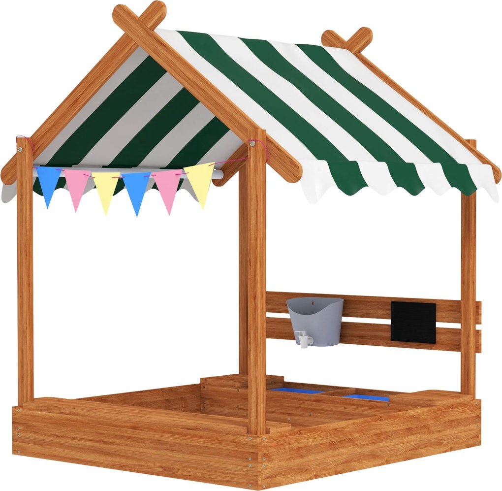 Pískoviště Outsunny s Krytem, Dřevěné Pískoviště s Sedací Zónou, Hrací Domeček, 124 x 116 x 146 cm Pískoviště s Tabulí pro Děti ve Věku 3-7 Let, Zahra