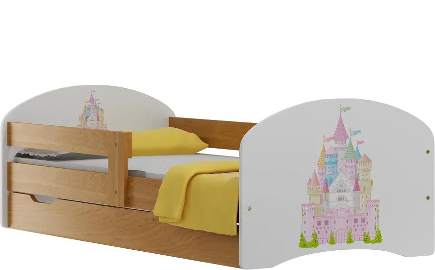 Dětská postel s motivem PINK CASTLE Rozměr: 140x70, Matrace: bez matrace, Barevná kombinace: BÍLÁ/DUB SONOMA