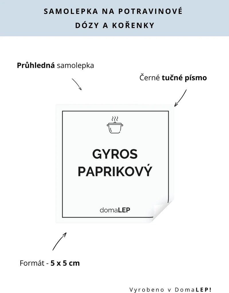Samolepka na kořenky GYROS PAPRIKOVÝ průhledná 5 × 5 cm tučné písmo