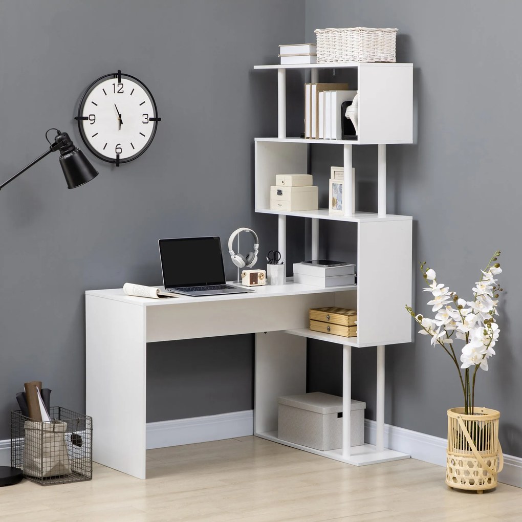 HOMCOM Rohový stůl se zásuvkami Moderní design L-tvarový počítačový stůl s dřevěnými policemi 120 x 80 x 176 cm Bílá | Aosom