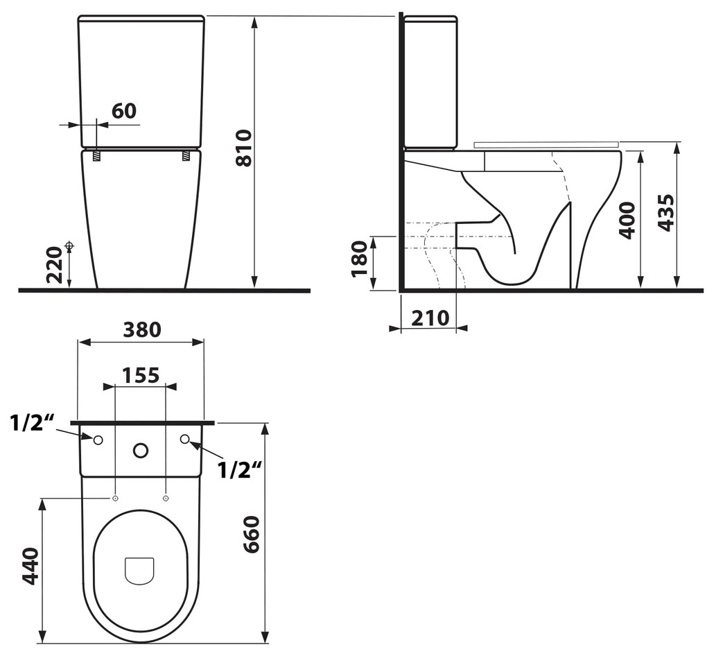 Sapho, BELLO RIMLESS WC kombi mísa s nádržkou, spodní/zadní odpad