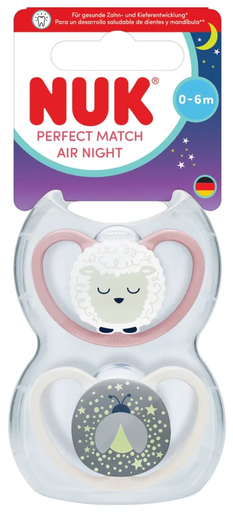 NUK Dudlík Perfect Match Air Night 0-6 m 2 ks v boxu Firefly/sheep