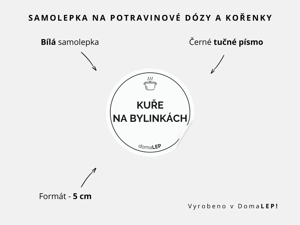 KUŘE NA BYLINKÁCH - omyvatelná samolepka na kořenky, výběr rozměrů Ø 5 cm / 5 x 5 cm / 6 x 8 cm | DomaLEP tvar: ČTVEREC, barva: BÍLÁ - ČERNÉ písmo, velikost: š. 5 cm x v. 5 cm - tučné písmo