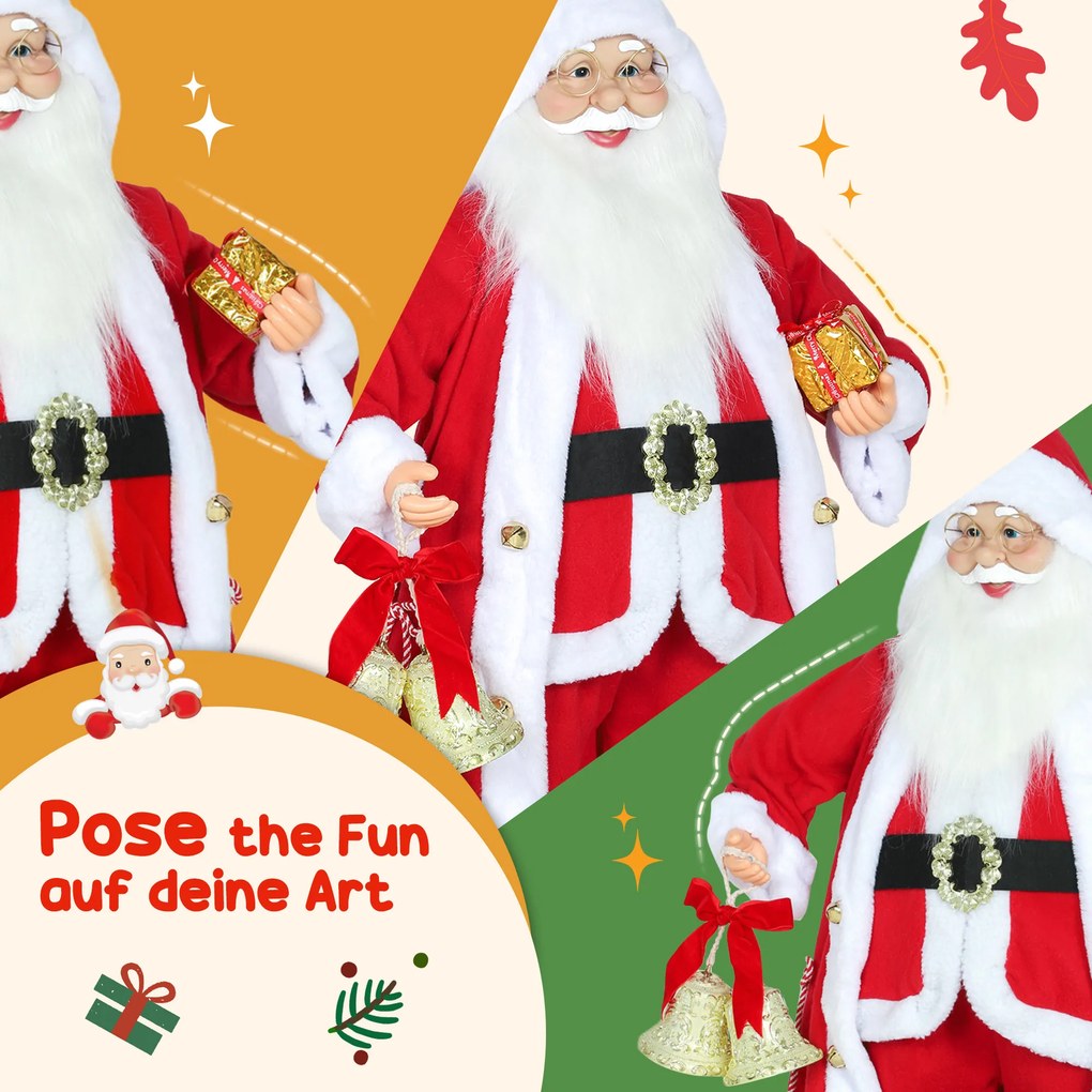 HOMCOM Santa Claus 1,15 m stojící Santa Claus s dárkem a vánoční zvonkohrou do interiéru, červený