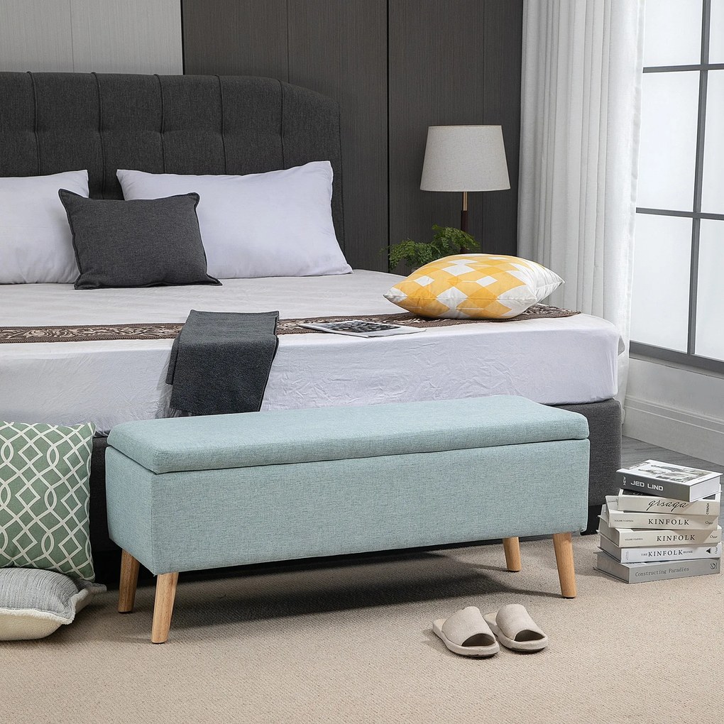 HOMCOM Světle zelená čalouněná lavice s úložným prostorem 110x39x45cm z polyesteru připomínajícího len a kaučukovníku ve skandinávském designu