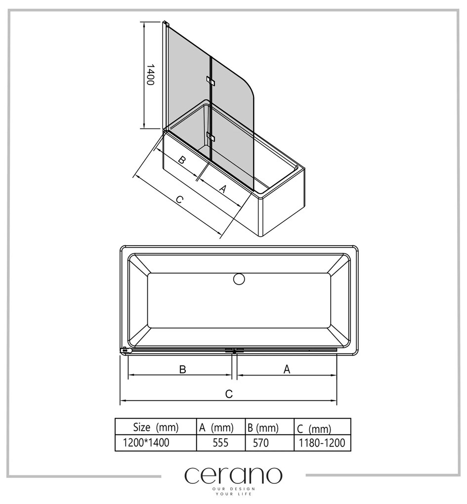 Cerano Vasca, 2-křídlová vanová zástěna 120x140 cm, 6mm čiré sklo, chromový profil, CER-CER-413501
