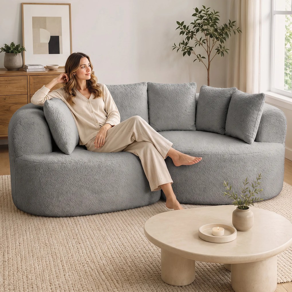 HOMCOM 3místná pohovka bez rámu s hlubokým sedákem, 6 polštářů, zakřivený design, chenille, světle šedá