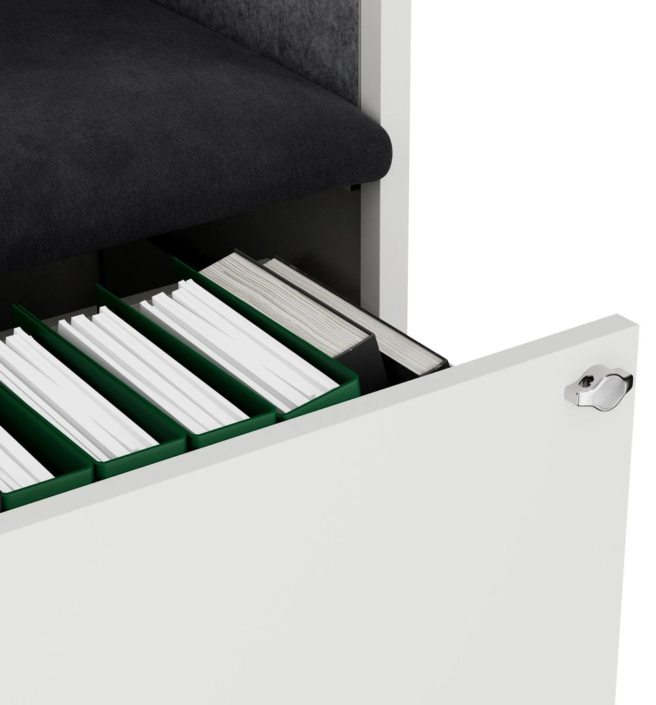 Kancelářská akustická kabina se sedátkem a USB-C portem, korpus bílý / sedák tmavě šedá, 1150 mm: SALLY MentalBox