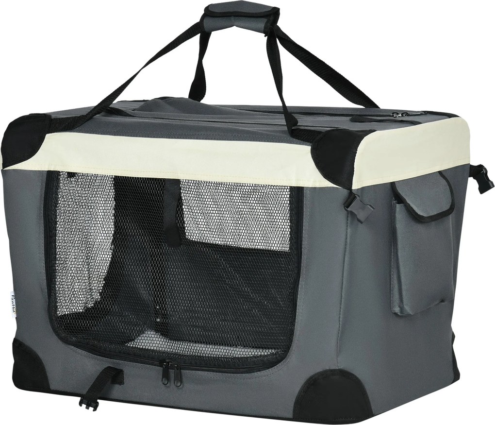 Skládací dopravka pro psy PawHut 60x41x41 cm s okny, měkkým polštářem a 2 ramenními popruhy, taška pro mini psy a kočky, šedá | Aosom