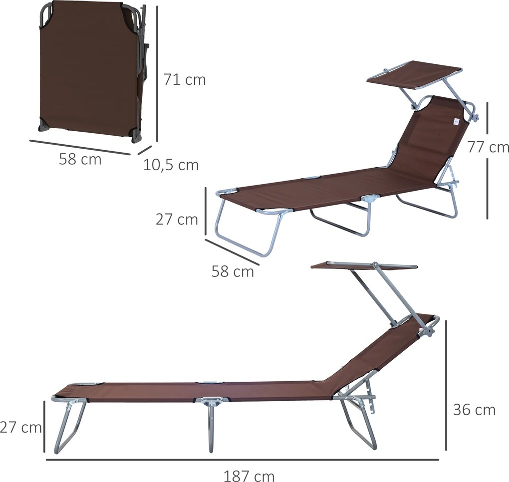 Zahradní lehátko Outsunny skládací s ochranou proti slunci hnědé 187x58x36 cm na terasu a balkon | Aosom.de