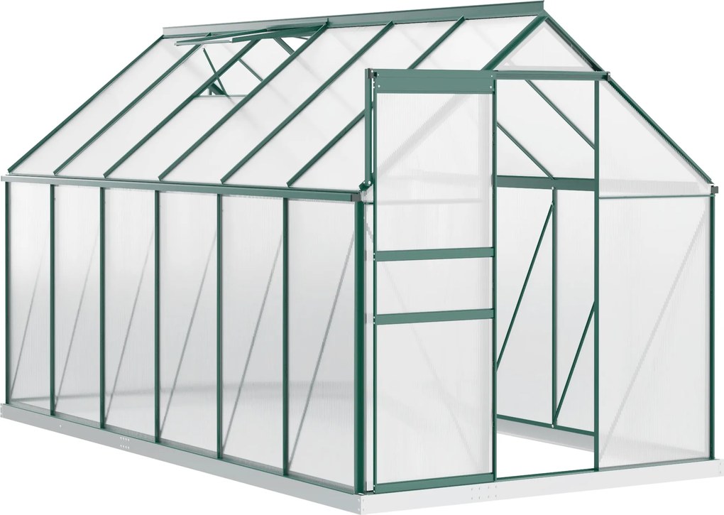 Zahradní skleník Outsunny z polykarbonátu 190x375x199cm s otevíracím oknem a skládacími dveřmi, hliníkový rám, zelený | Aosom