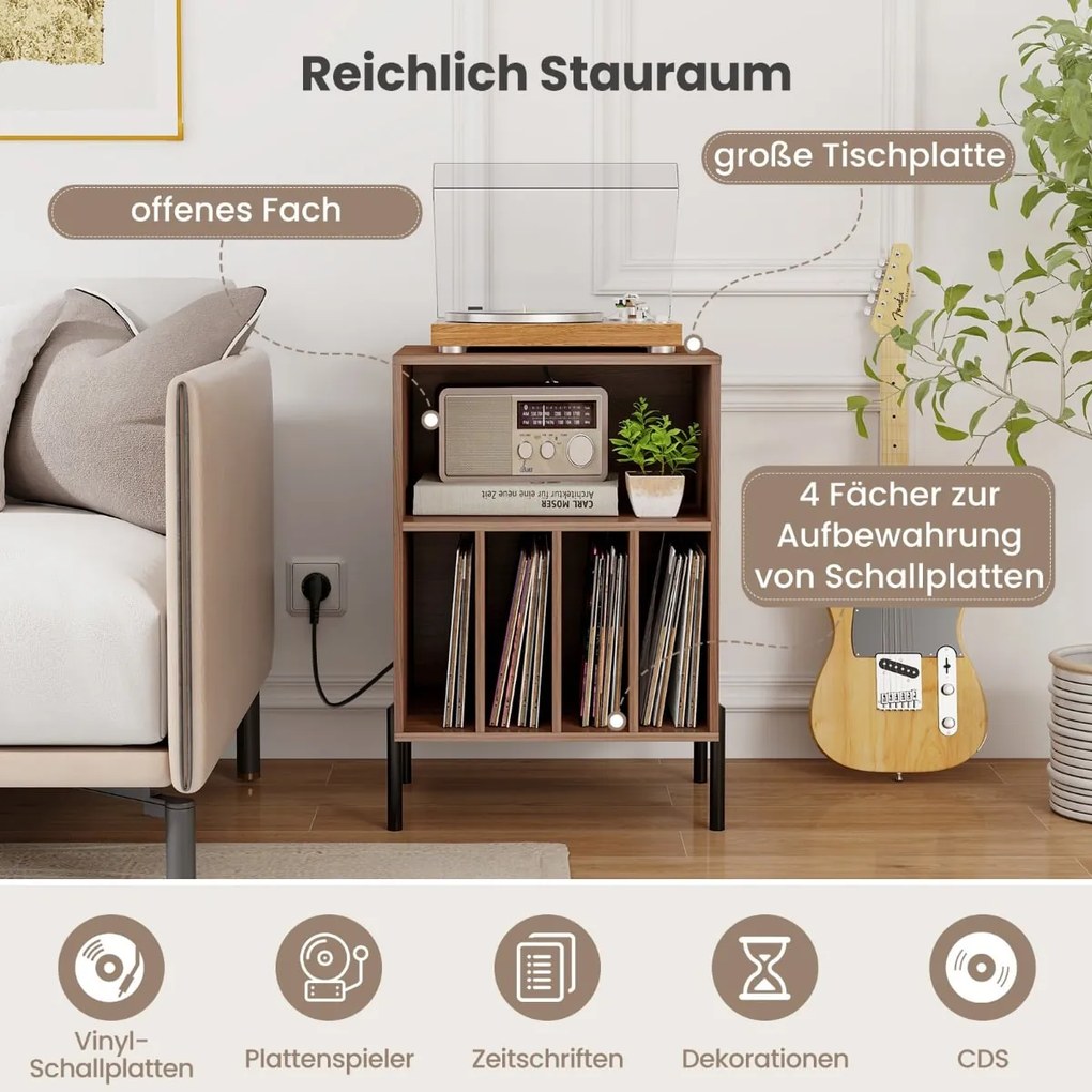 Costway Stolek na gramofon s nabíjením a přihrádkami, hnědý