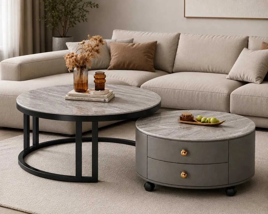LuxuryForm DESIGN Konferenční stolek ORION 70 × 70 / 50 × 50 cm – šedý / šedý mramor (set 2 ks)