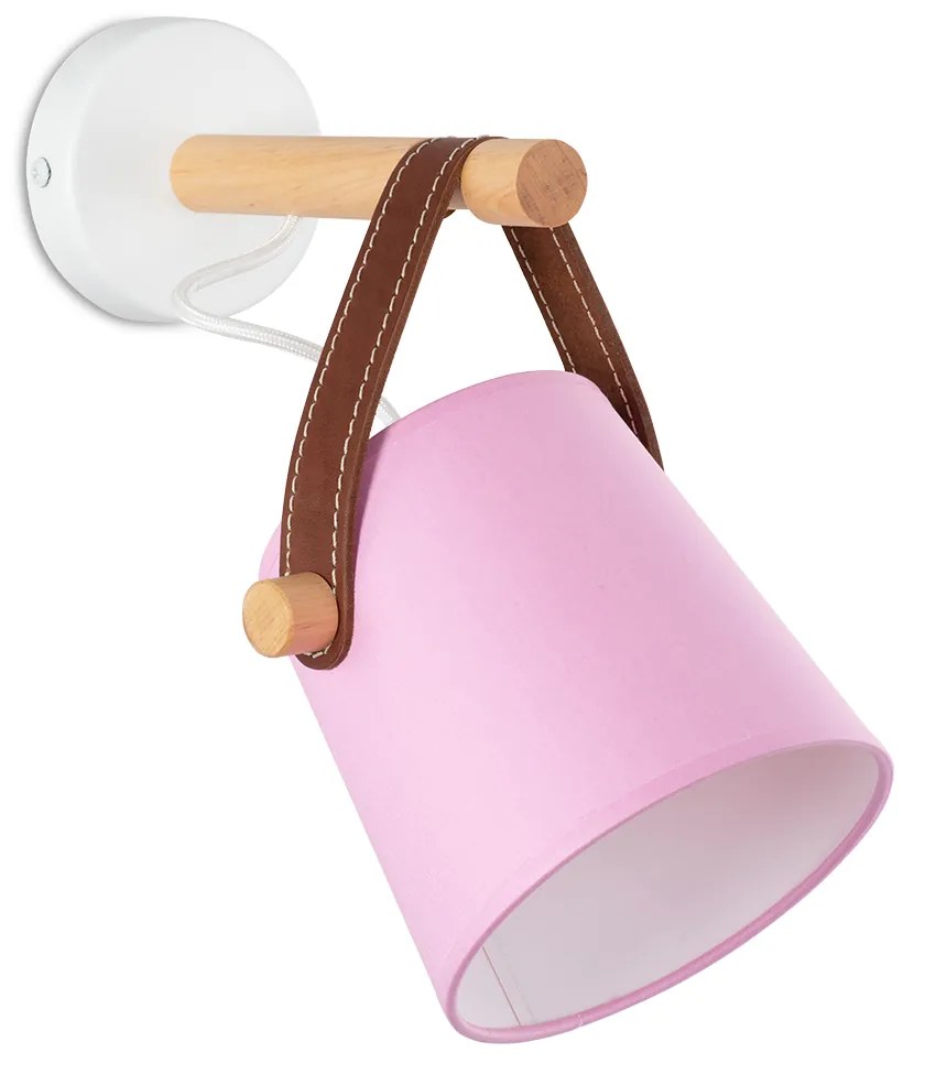 Light for home - Nástěnné svítidlo s růžovým stínítkem 60201 "RIONI", 1x40W, E27, bílá, přírodní olše, hnědá kůže