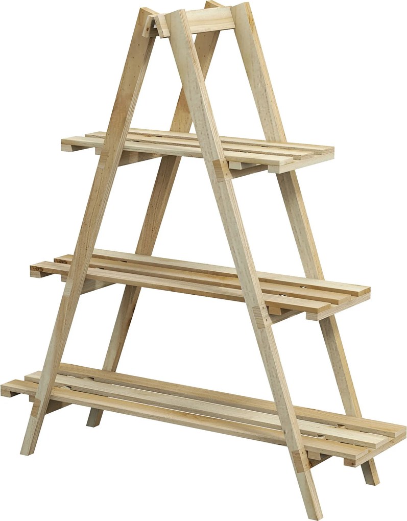 Outsunny Pyramidový skládací dřevěný květinový stojan - Dřevěný stojan na rostliny se 3 policemi - Rozměry 100D x 36Š x 112V cm - Světlé masivní smrk