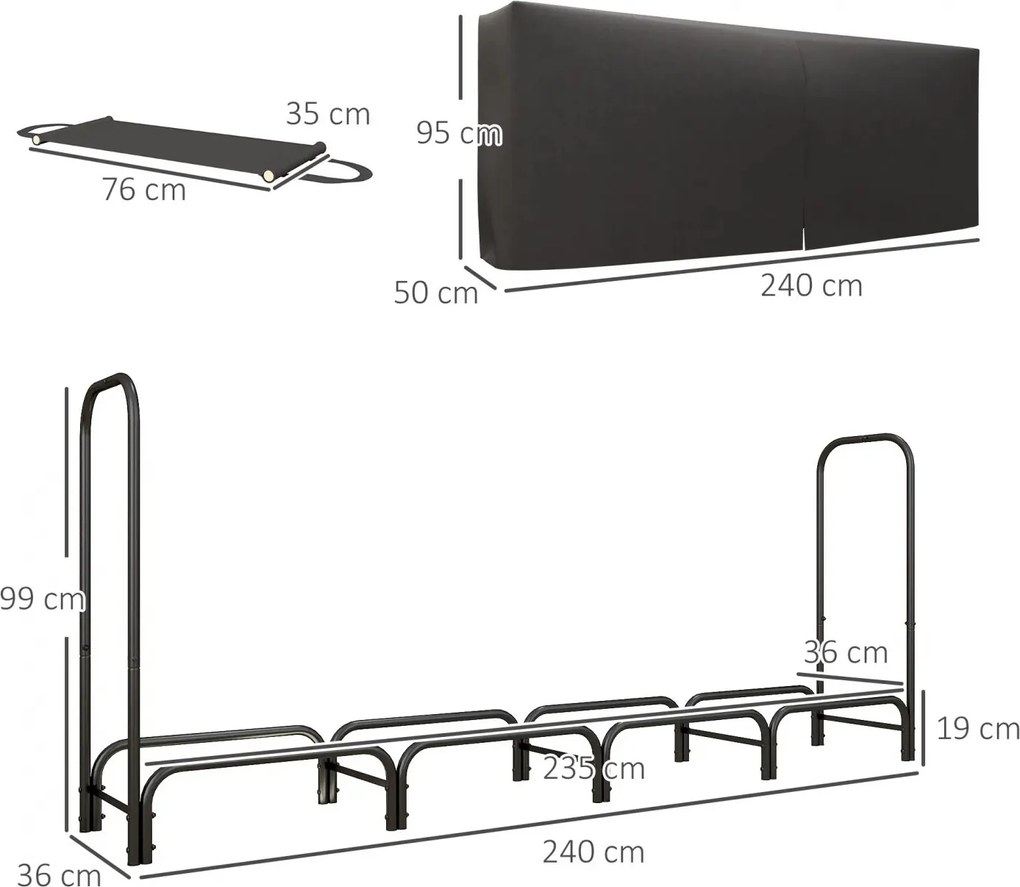 Outsunny Zásobník na krbové dřevo s krytem 240 x 36 x 99 cm | černý