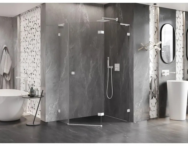 Mexen Lunar, L pravý výklopný pětiúhelníkový sprchový kout 100 x 90 cm, 8mm čiré sklo, bílý profil, 831L-100P-090L-20-00-P