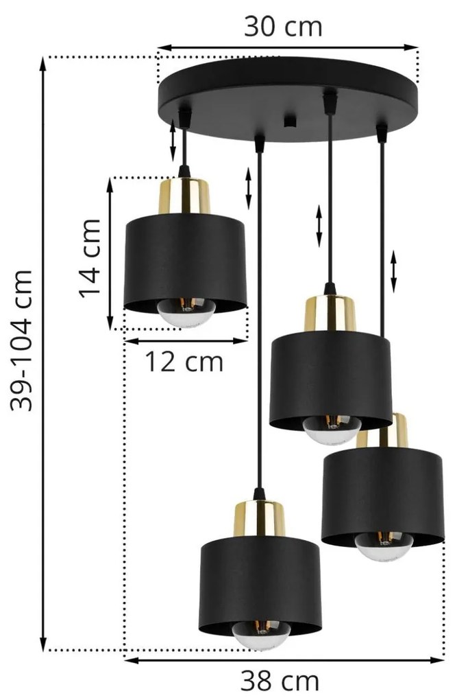 Závěsné svítidlo PANTA, 4x černé kovové stínítko, O, G