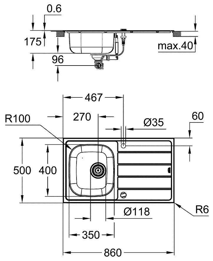 Grohe dřezový set - nerezový dřez s baterií Eurosmart - komplet, nerez, chrom K 200 SET