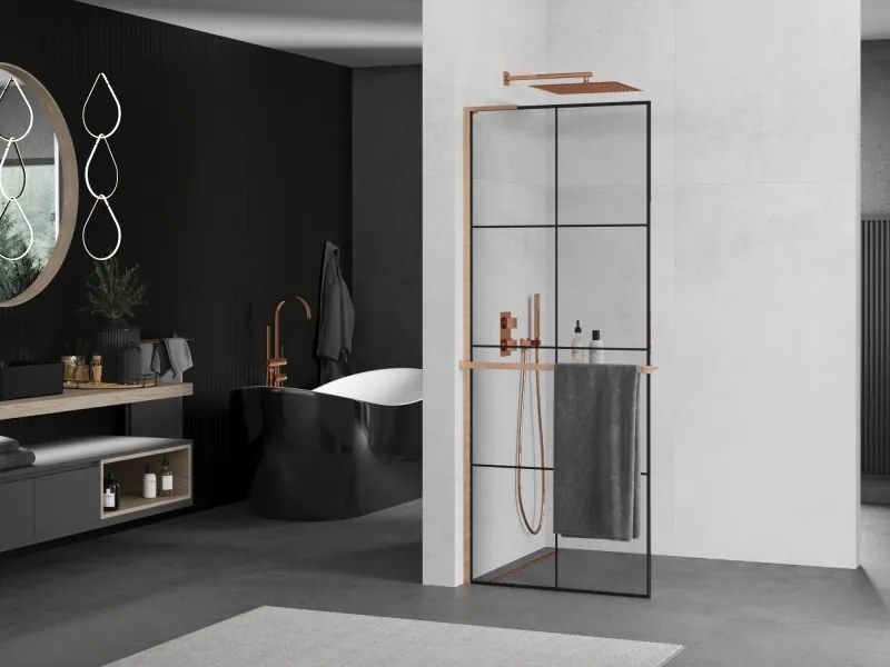 Mexen Kioto+ L, sprchová zástěna Walk-In s poličkou a věšákem 90 x 200 cm, 8mm čiré sklo černý vzor, ​​měděný matný profil, 800-090-123-65-77