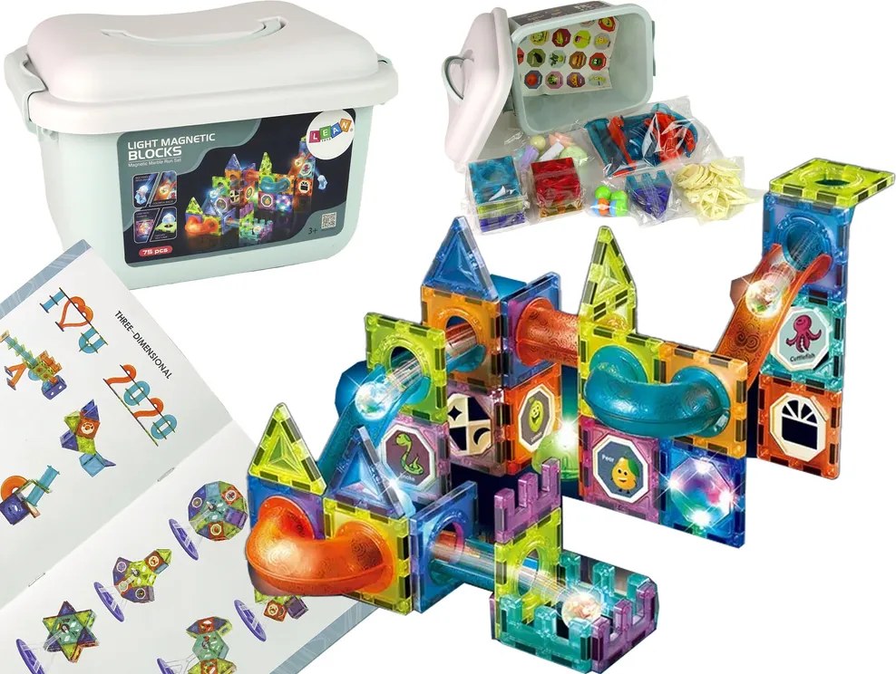 LEAN Toys Skluzavka na kuličky, osvětlená dráha, magnetické kostky, 75 dílů