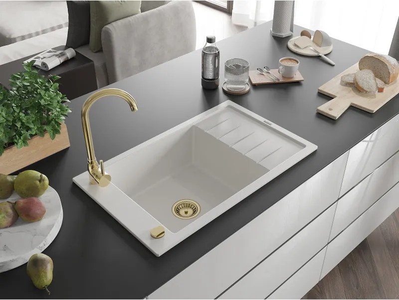 Mexen Elias, granitový dřez granitový 795x480x200 mm, 1-komorový, bílá se zlatým sifonem, 6511791005-20-G