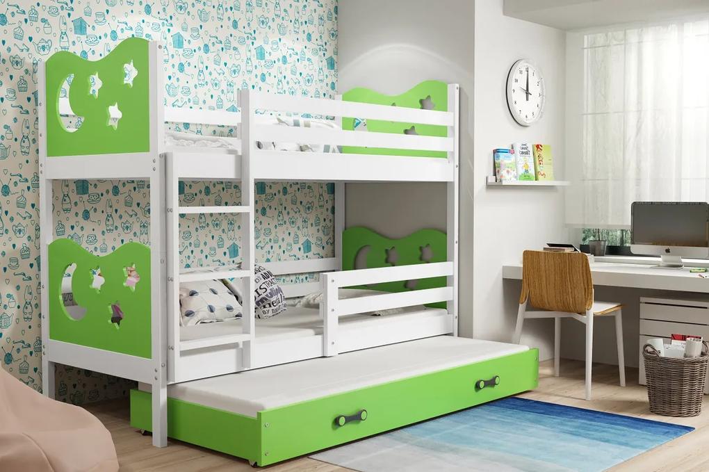 ImportWorld Dětská patrová postel Bohdan - 3 osoby, 90x200 s výsuvnou přistýlkou –  Bílá, Zelená