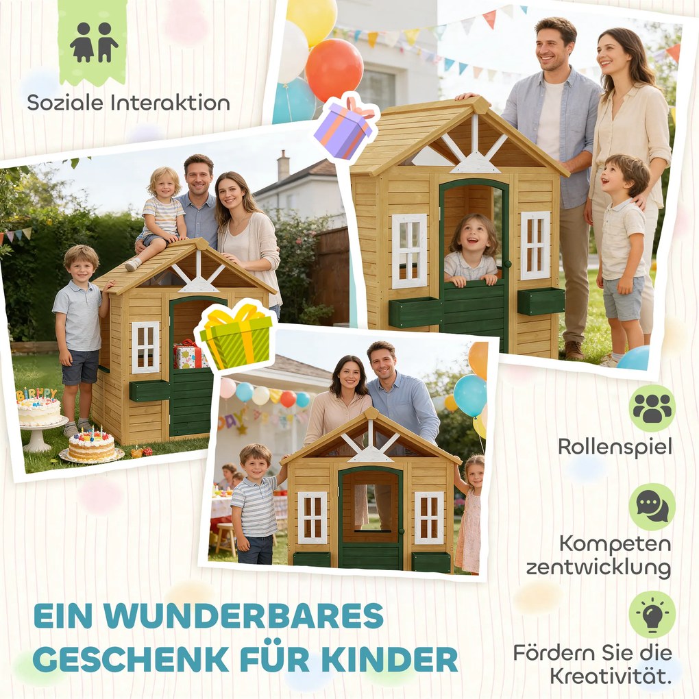 AIYAPLAY Dětský domek na hraní Dřevěný venkovní domek na hraní s dveřmi 3 okny 2 truhlíky na květiny pro děti od 3 do 8 let 134,5 x 97 x 150 cm Hnědá…