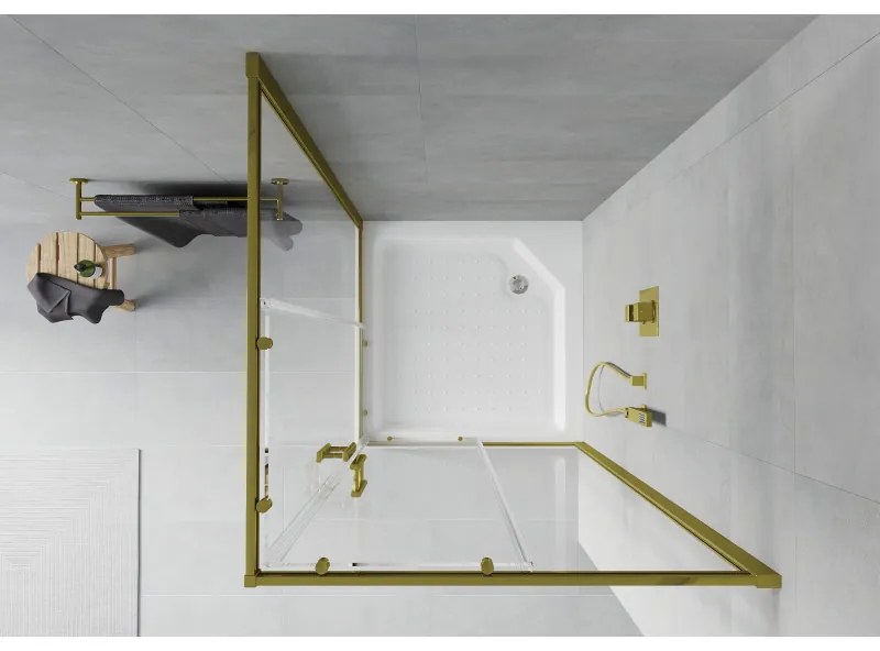 Mexen Rio, čtvercový sprchový kout s posuvnými dveřmi 90 (dveře) x 90 (dveře) x 190 cm, 5mm čiré sklo, zlatý profil + bílá sprchová vanička RIO, 860-090-090-50-00-4510