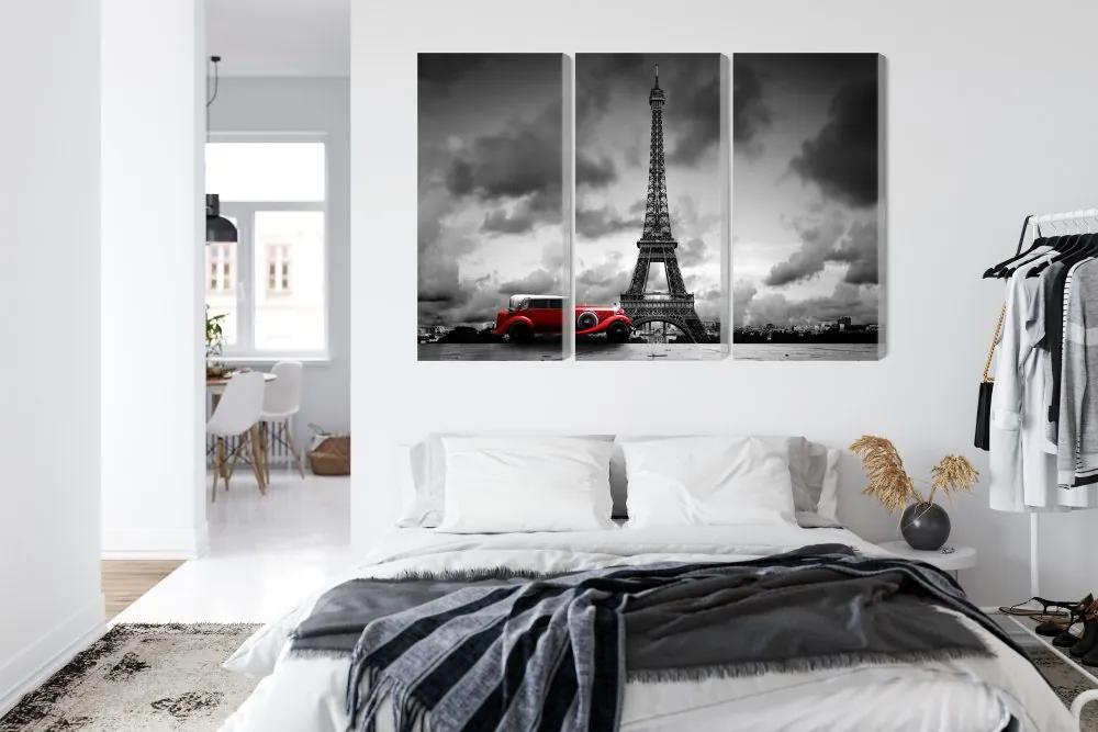 Vícedílný obraz Černobílý Pohled Na Eiffelovu Věž A Retro Auto Nedostatek Nedostatek Plátno Canvas 60x40