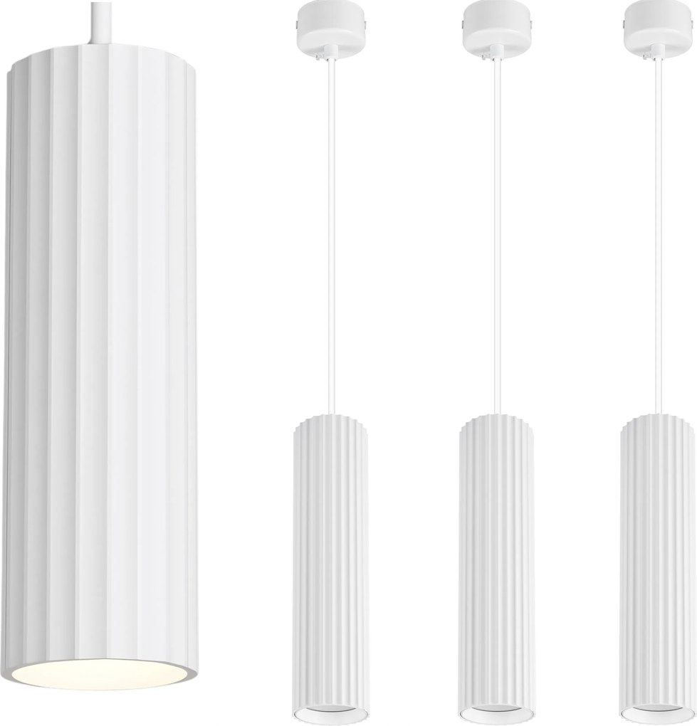 Závěsná halogenová lampa Stropní svítidlo Tuba vroubkované nad stůl, bílá x3