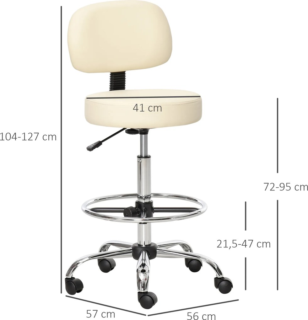 HOMCOM Otočná barová židle Pracovní stolička s výškově nastavitelným opěradlem a PU potahem Béžová 56x57x104-127cm do kuchyně a baru | Aosom.de