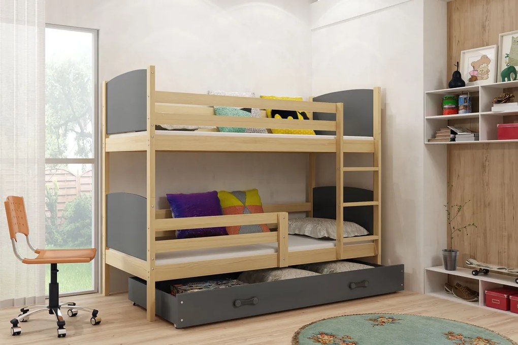 ImportWorld Dětská patrová postel Evžen - 2 osoby, 80x160 s úložným prostorem – Borovice, Grafit