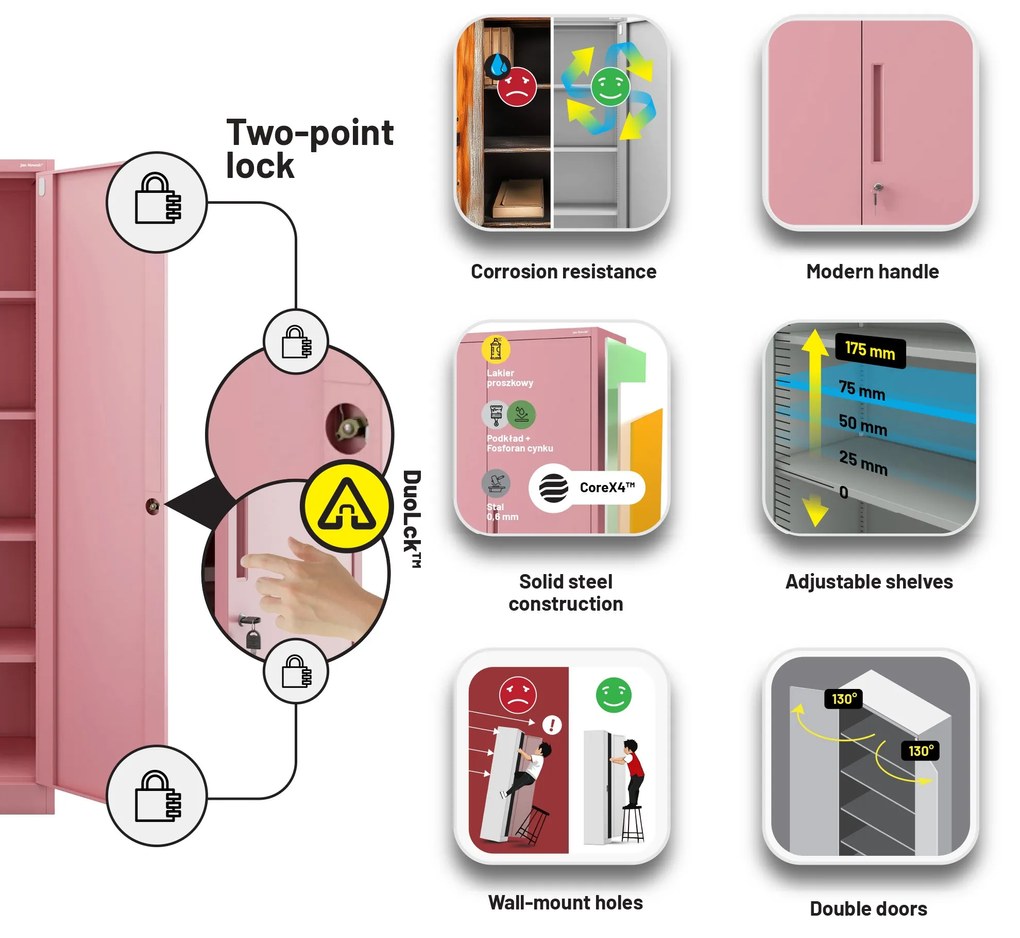 Kovová skříň pro domácí kancelář JAN, 900 x 1850 x 400 mm, Fresh Style: pudrově růžová