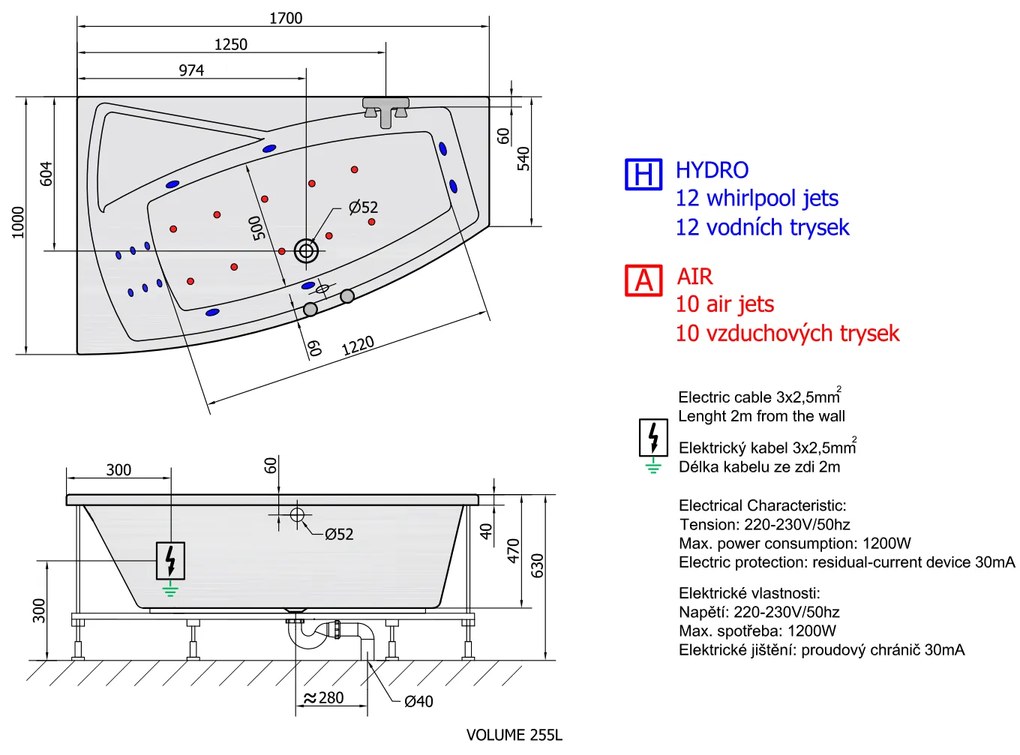 Polysan EVIA L HYDRO-AIR hydromasážní vana, 170x100x47cm, bílá 21611HA