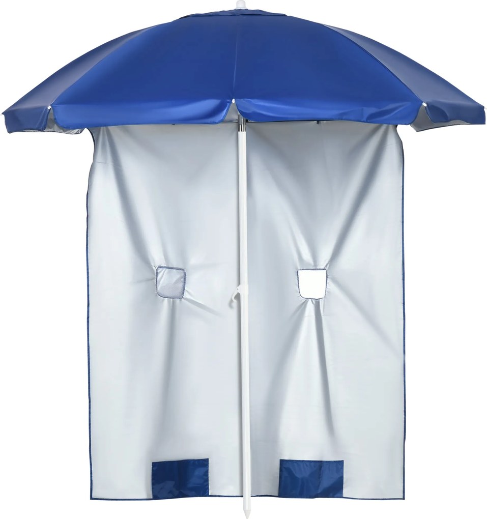Plážový slunečník Outsunny s bočními panely Ø191x211 cm – slunečník s manuálním ovládáním sklonu, 2 kapsami a 2 okny pro zahradní bazén modrý | Aosom