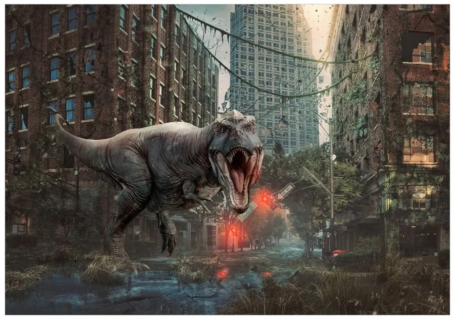 Samolepící fototapeta - Dinosaurus ve městě fantazie 196x140